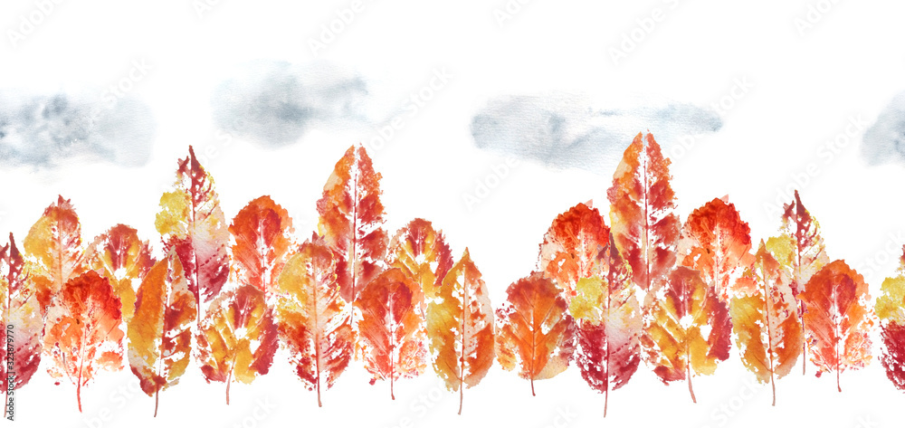 seamless watercolor hand drawn border made of stamp imprint grunge fall ...