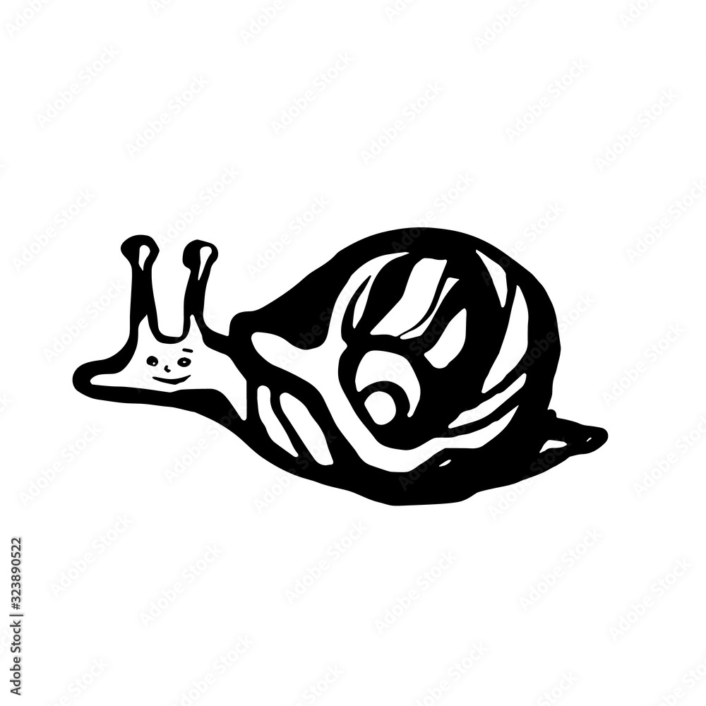 Cute snail is smiling. Hand-drawn in line art style. Monochrome vector ...