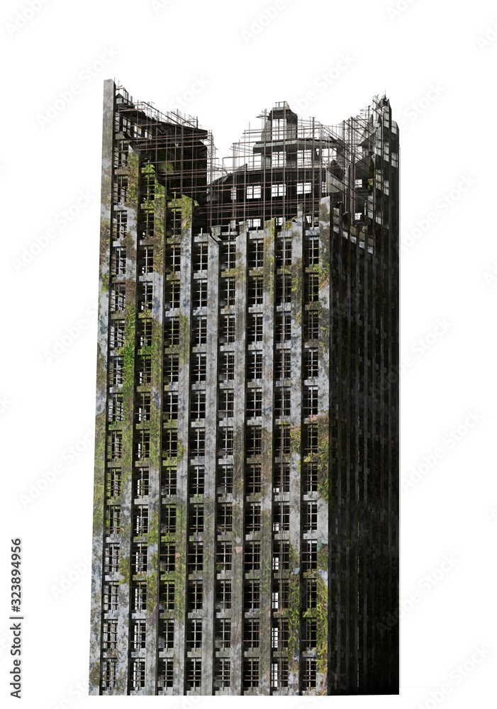 ruined skyscraper, tall and overgrown post apocalyptic building ...