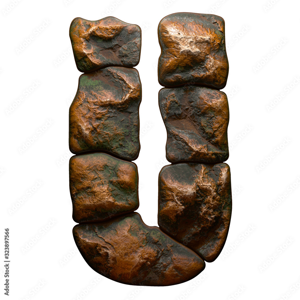 Rocky letter U. Font of stone isolated on white background. 3d Stock ...