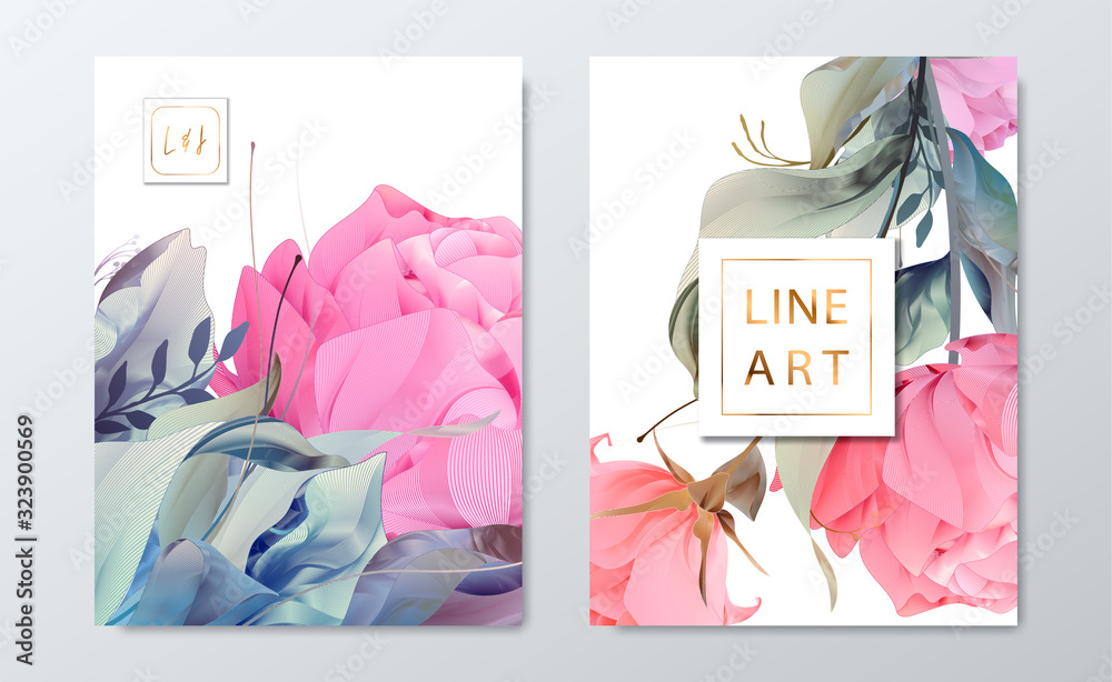 Floral frame set, line flowers, leaves, minimal vector, luxury ...