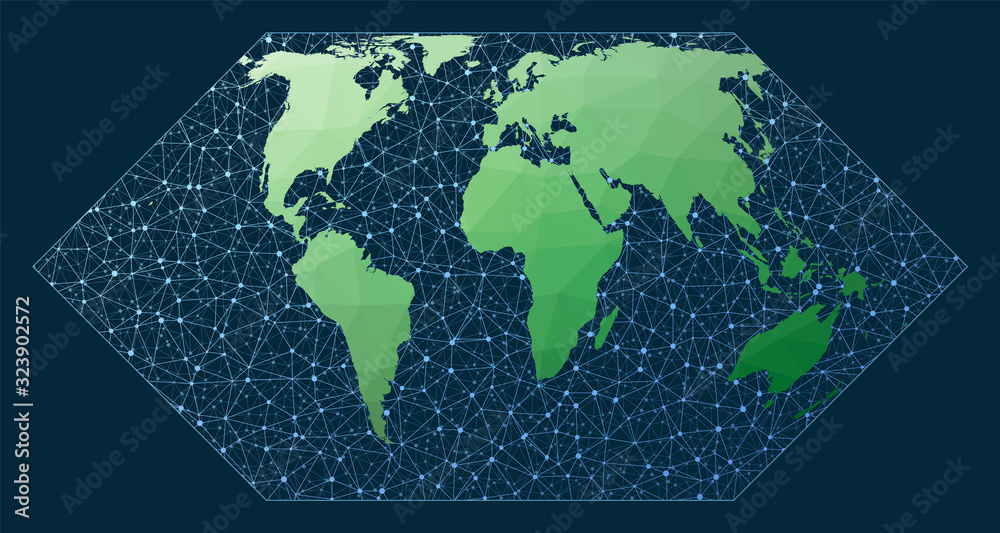 Global internet business concept. Eckert 2 projection. Green low poly ...