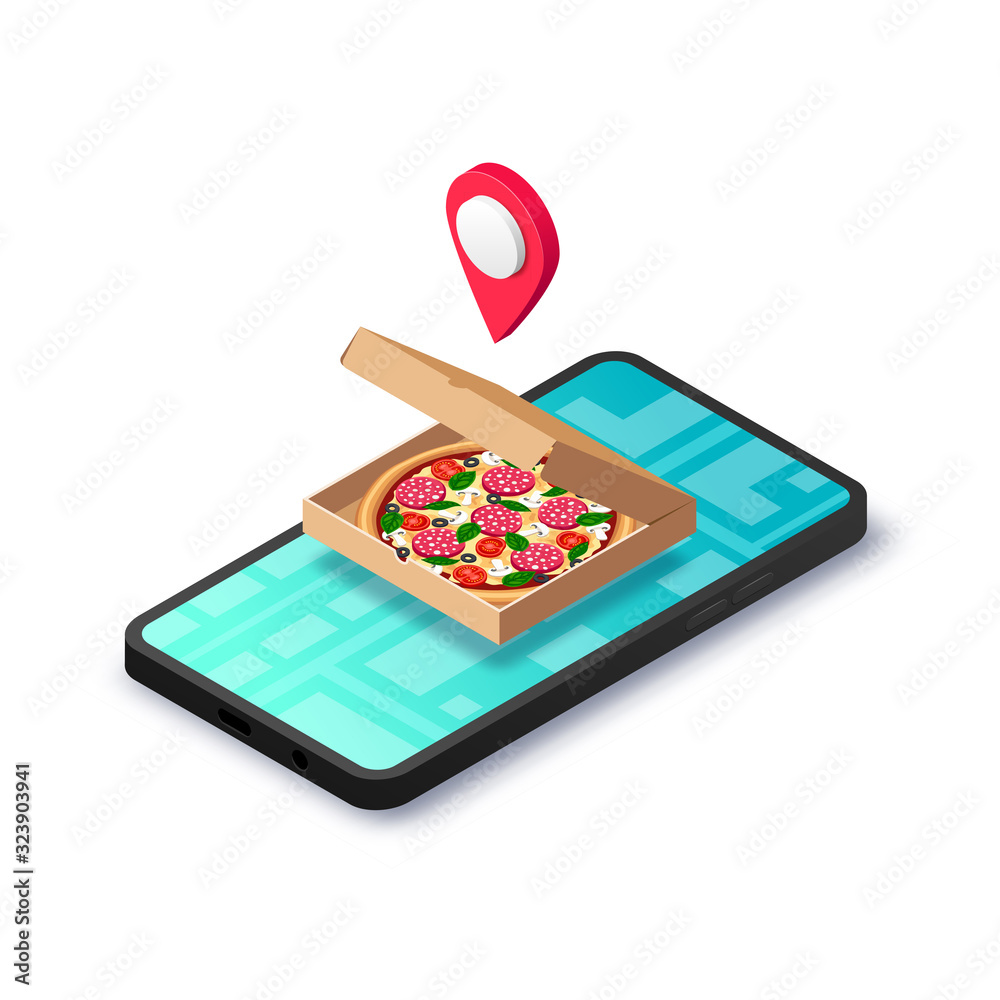 Online fast food delivery service 3d concept. Isometric pizza in box with map pointer on ...