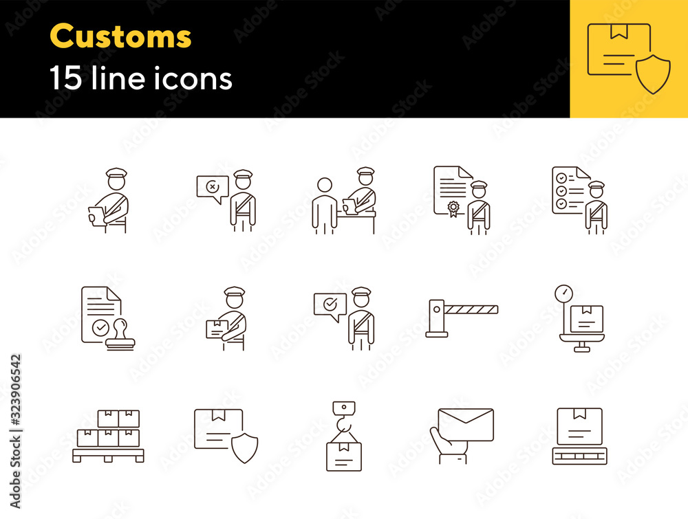 Customs icons. Set of line icons. Customs officer, passport check ...