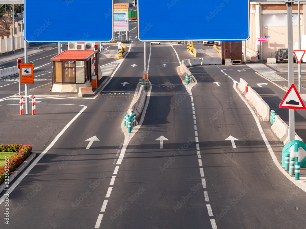 Image of empty lanes on highway and blank road signs. Place for your ...