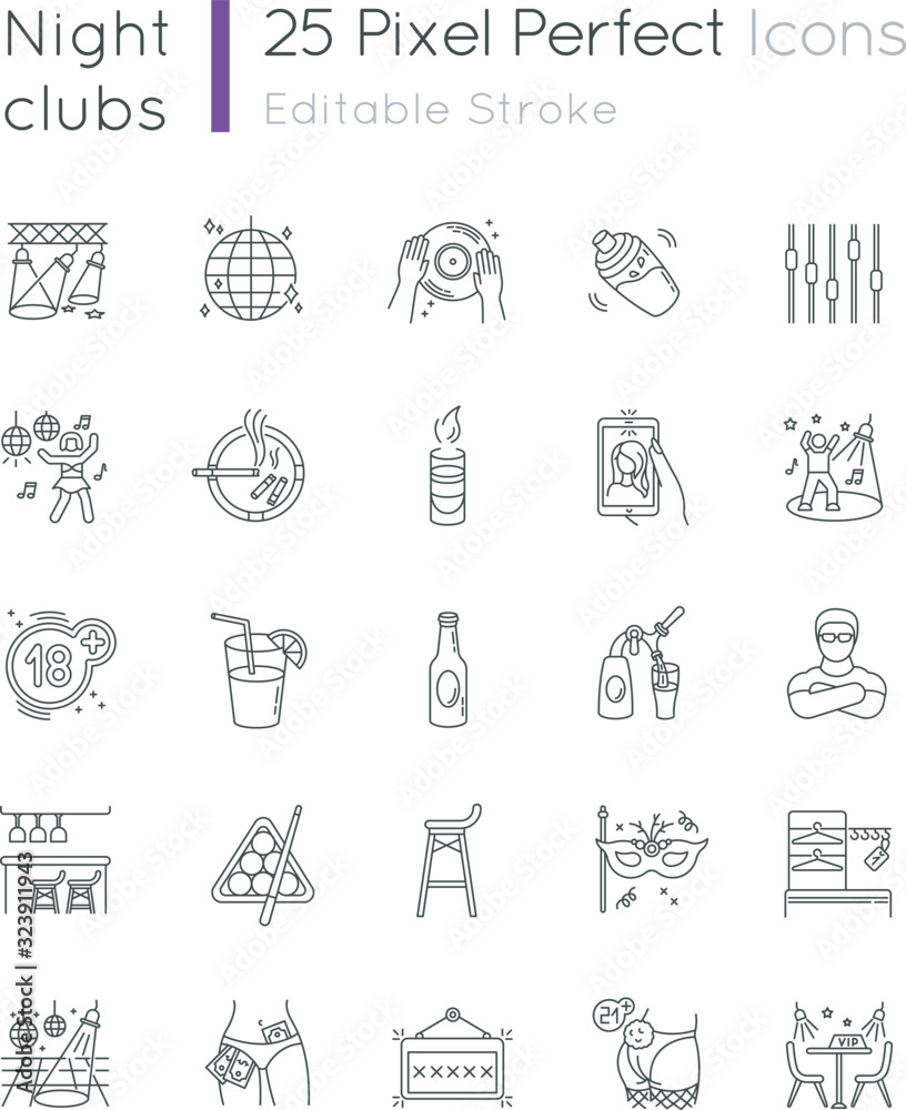 Night club pixel perfect linear icons set. Entertainment venue, dancing ...