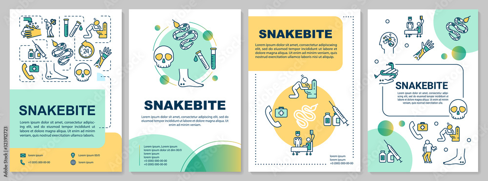 Snakebite, reptile poison action and first aid brochure template. Flyer ...