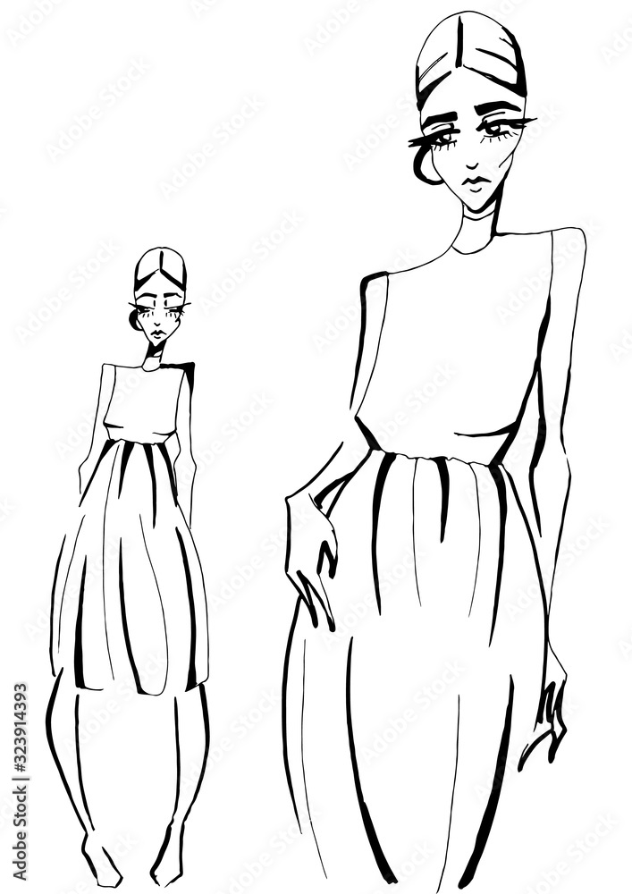 illustration of a fashionable girl in two positions. one approximate ...