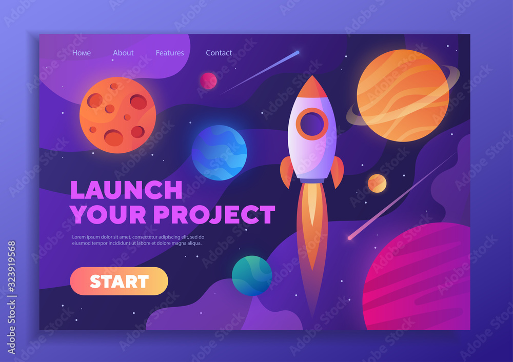 Colorful web template - Launch Your Project with a rocket zooming ...