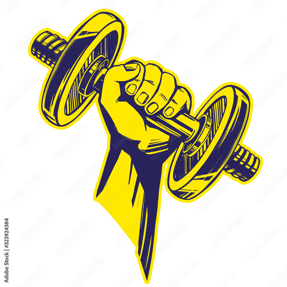 arm, strong hand holding a dumbbell, icon cartoon hand drawn vector ...