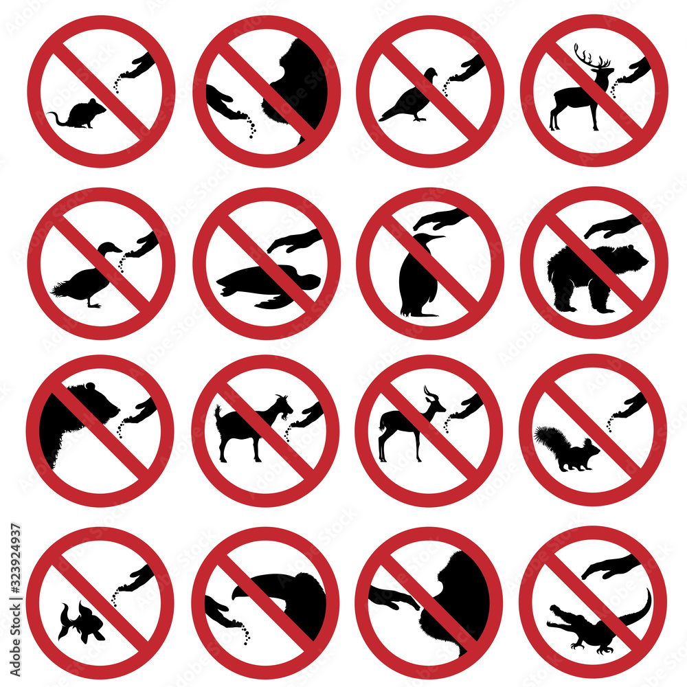 Vector silhouette collection of do not touch and feeding animals mark ...