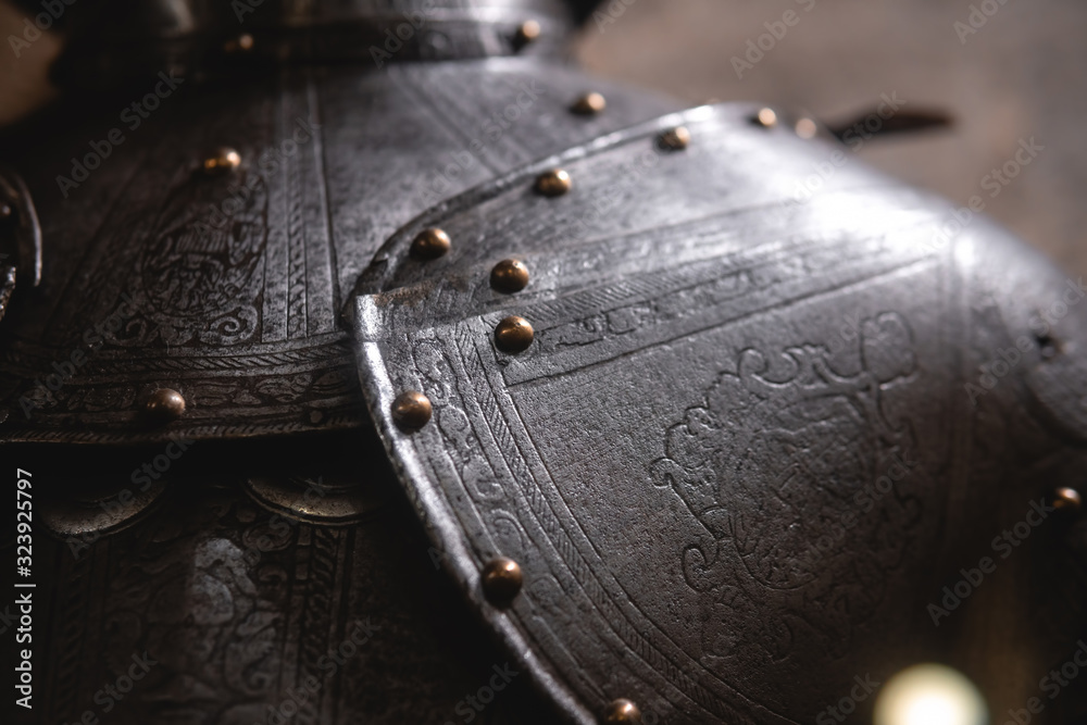 Close up detail Background with armour of the medieval knight. Metal ...