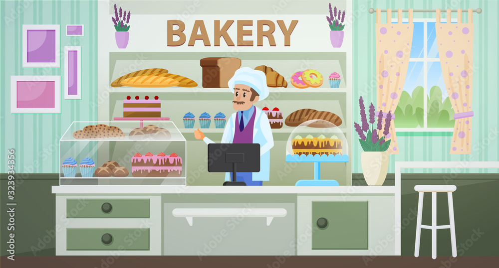 Bakery shop cartoon flat vector illustration. Pastry store interior ...