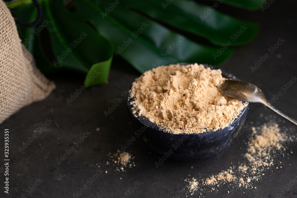 Gofio, Canarian flour made from different roasted grains on concrete ...