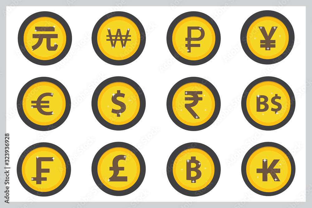 World currency symbol and coins set with gold color Stock Vector ...