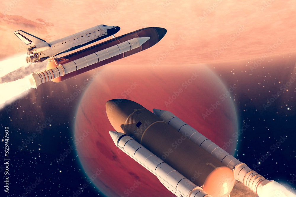 Flying rockets and Mars, outer space. The elements of this image ...