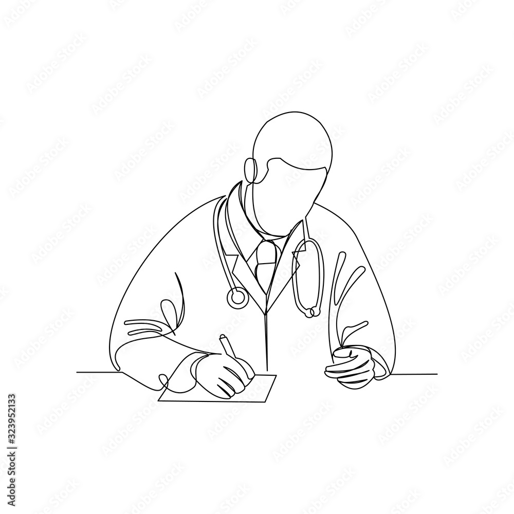 Continuous line drawing of man hospital doctor writing patient paper ...