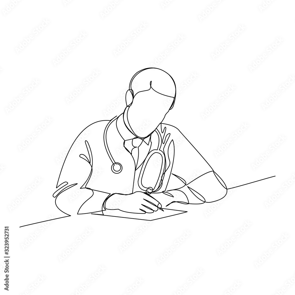 Continuous line drawing of man hospital doctor writing patient paper ...