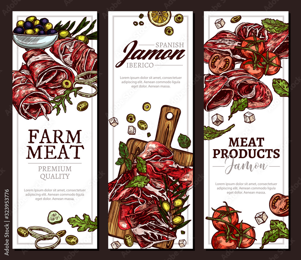 Farm natural meat products and spanish jamon verticall banners. Vector ...