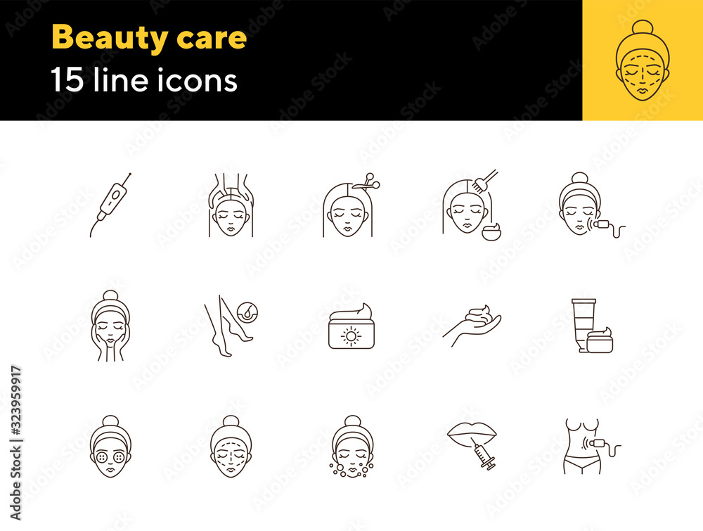 Beauty care line icon set. Woman, cream, hairdressing. Beautician ...