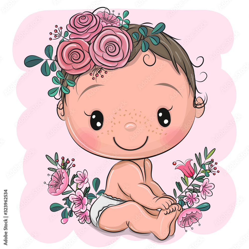 Cartoon Baby with flowers on a pink background Stock Vector | Adobe Stock