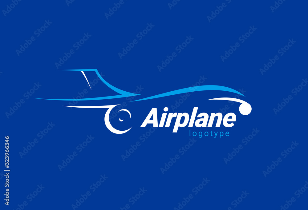 Airplane logo flight plane silhouette white color blue background Stock ...