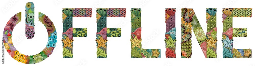 Word OFFLINE with power button. Vector zentangle object for decoration ...