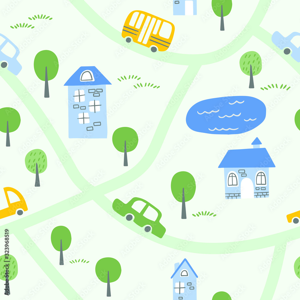 Seamless pattern of a small town and countryside. Pattern with roads ...