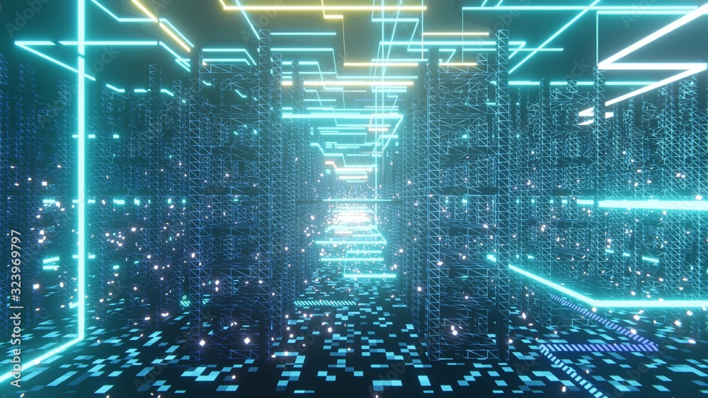 Abstract of modern high tech internet data center room with rows of ...