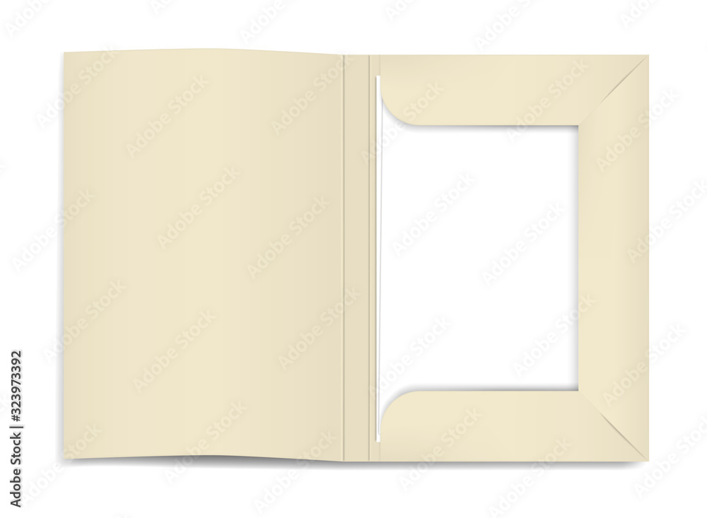 Open cardboard file folder with white blank paper sheets inside ...