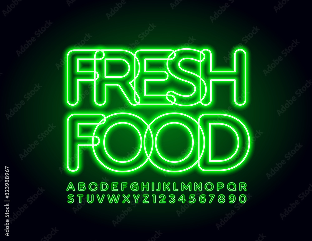 Vector green glowing sign Fresh Food with Neon Font. Glowing electric ...