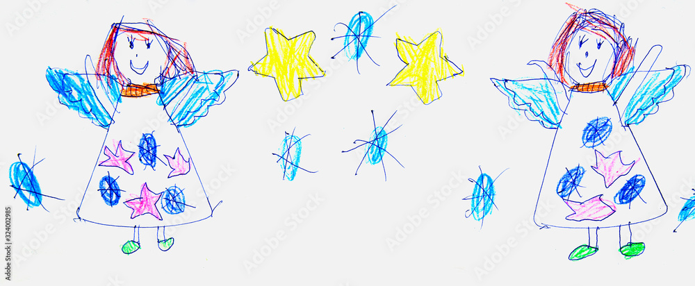 Funny angels through the eyes of a child. Photo of child's drawing ...