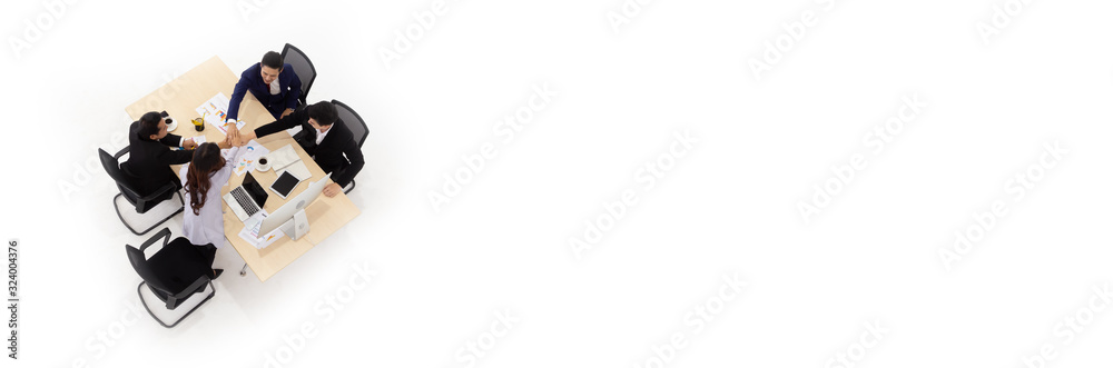 Top view of business diverse people and meeting team at desk, Aerial ...