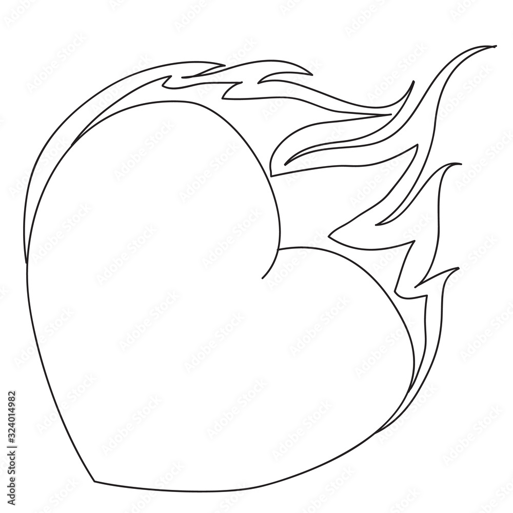 heart on fire, symbol of a burning loving heart, outline drawing ...