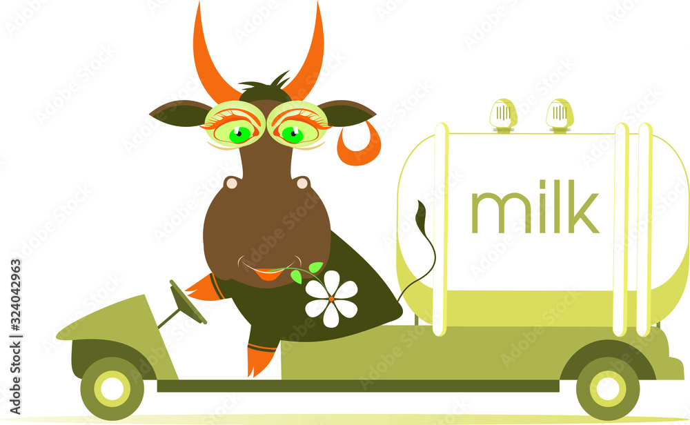 Funny cow drives a milk tanker illustration. Cartoon comic cow with a ...