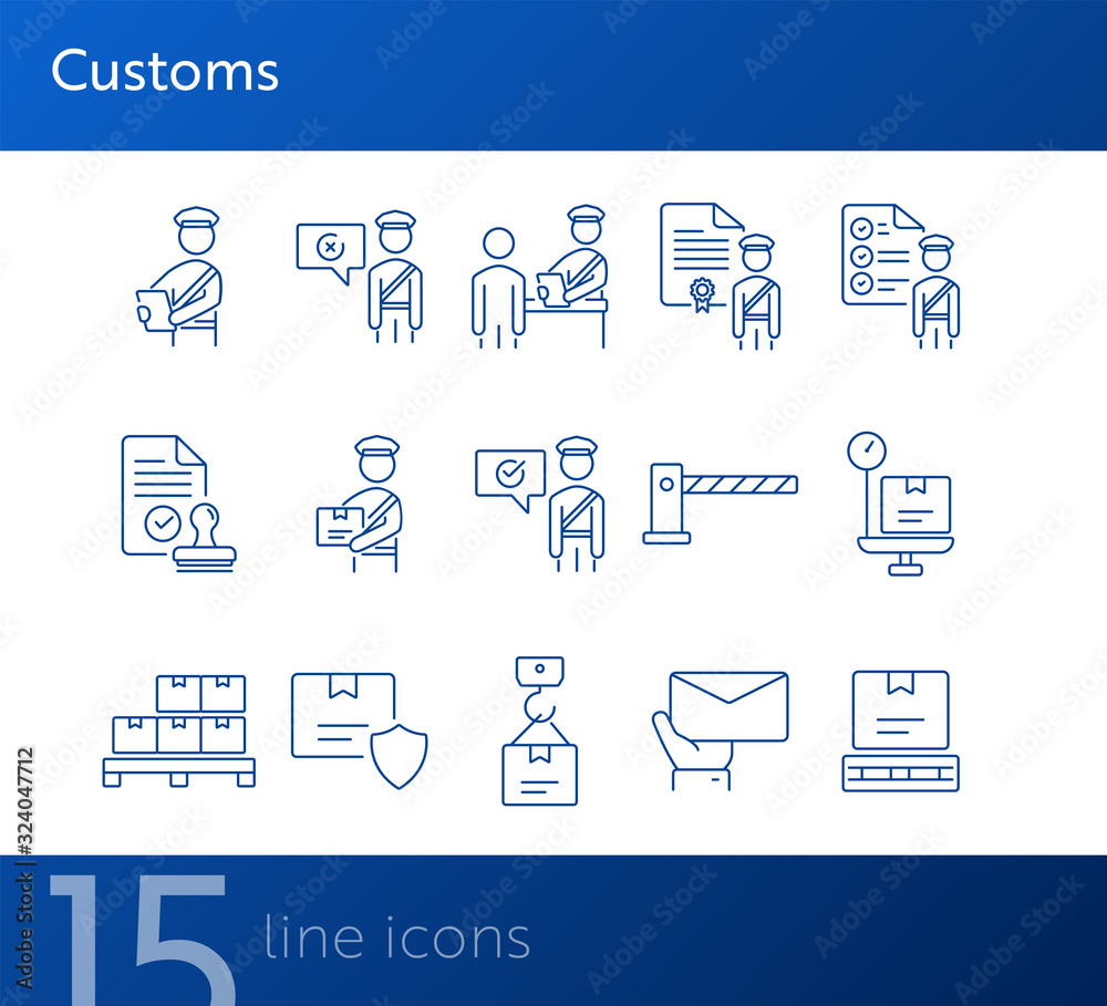 Customs icons. Set of line icons. Customs officer, passport check ...