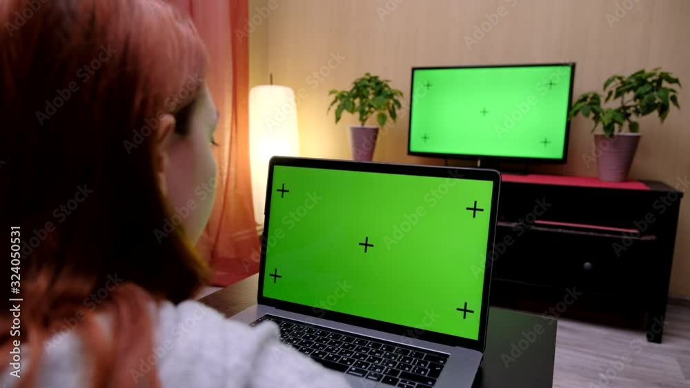Television Computer Green Screened Woman - Full HD. Woman watches ...