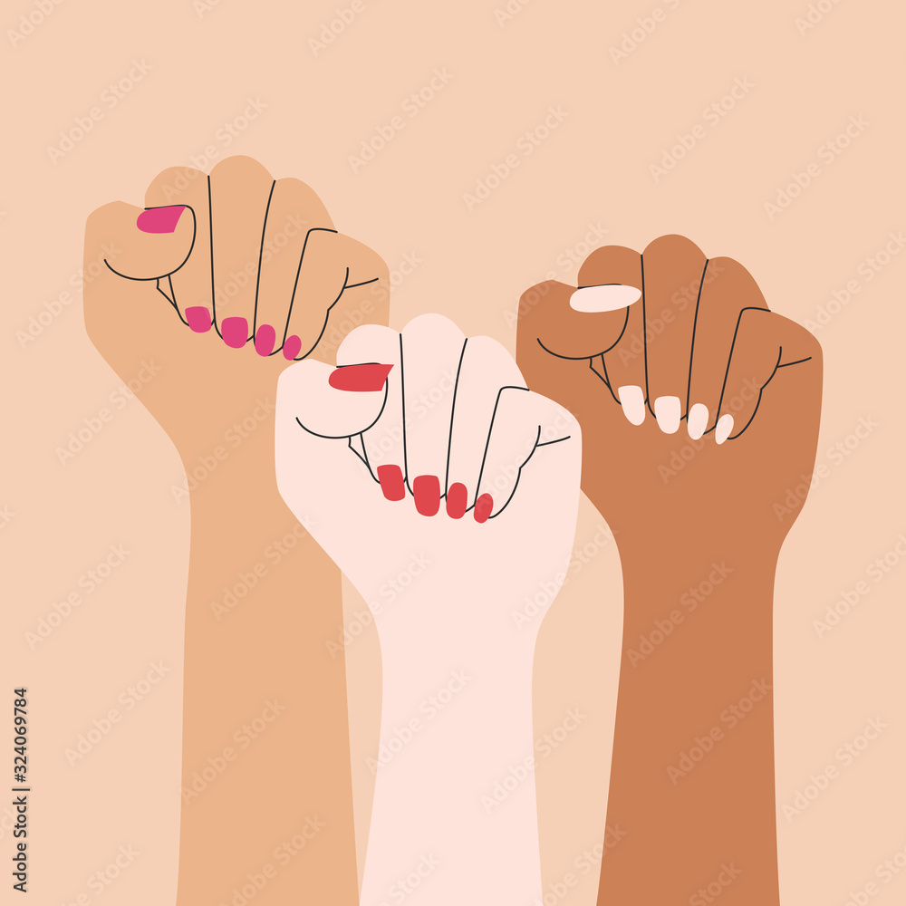 Drawing of three fists with colorful nails. Women's hands as symbol of ...