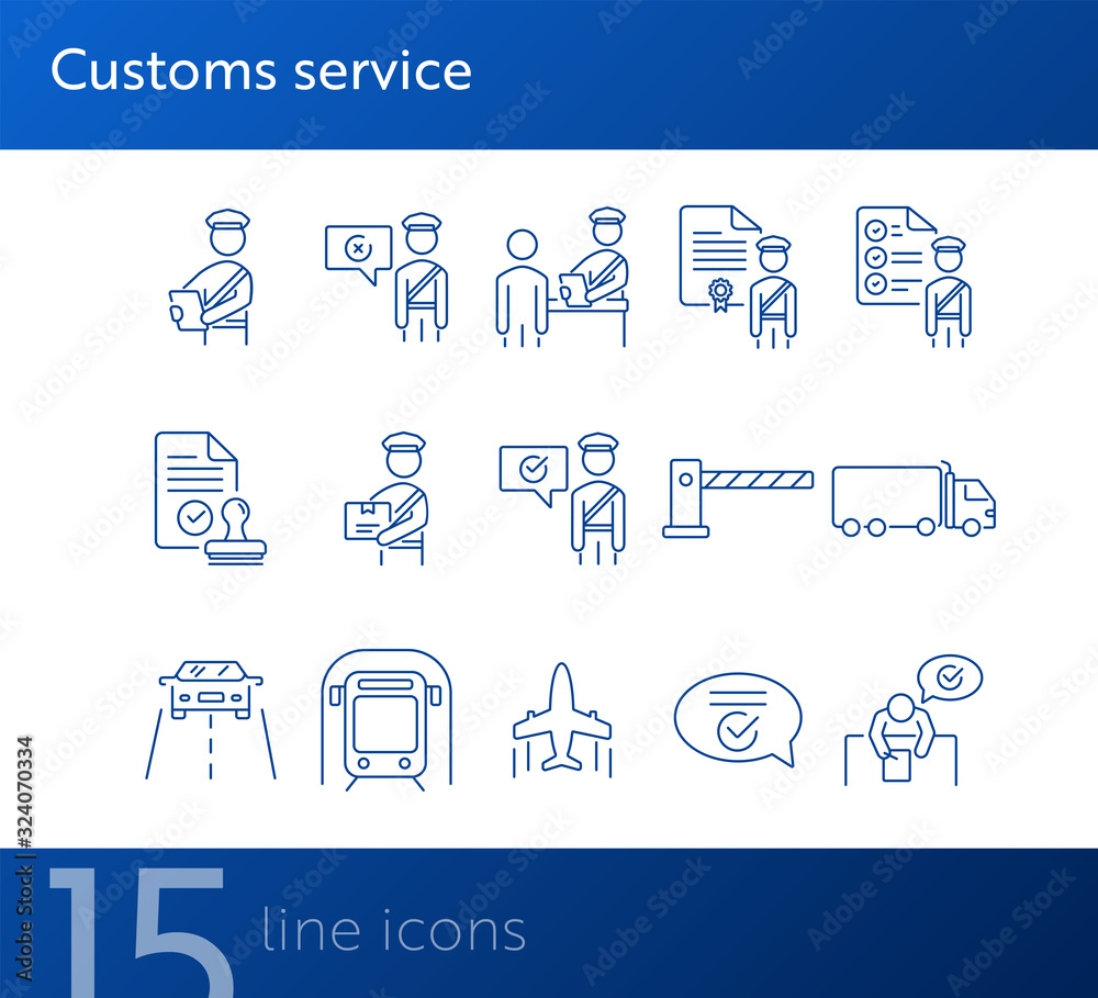 Customs service icons. Set of line icons. Check of package, truck ...