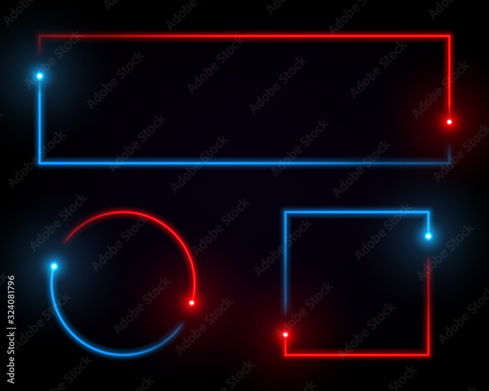 Neon line banner. Fluorescent light box. Simple geometric shapes set ...