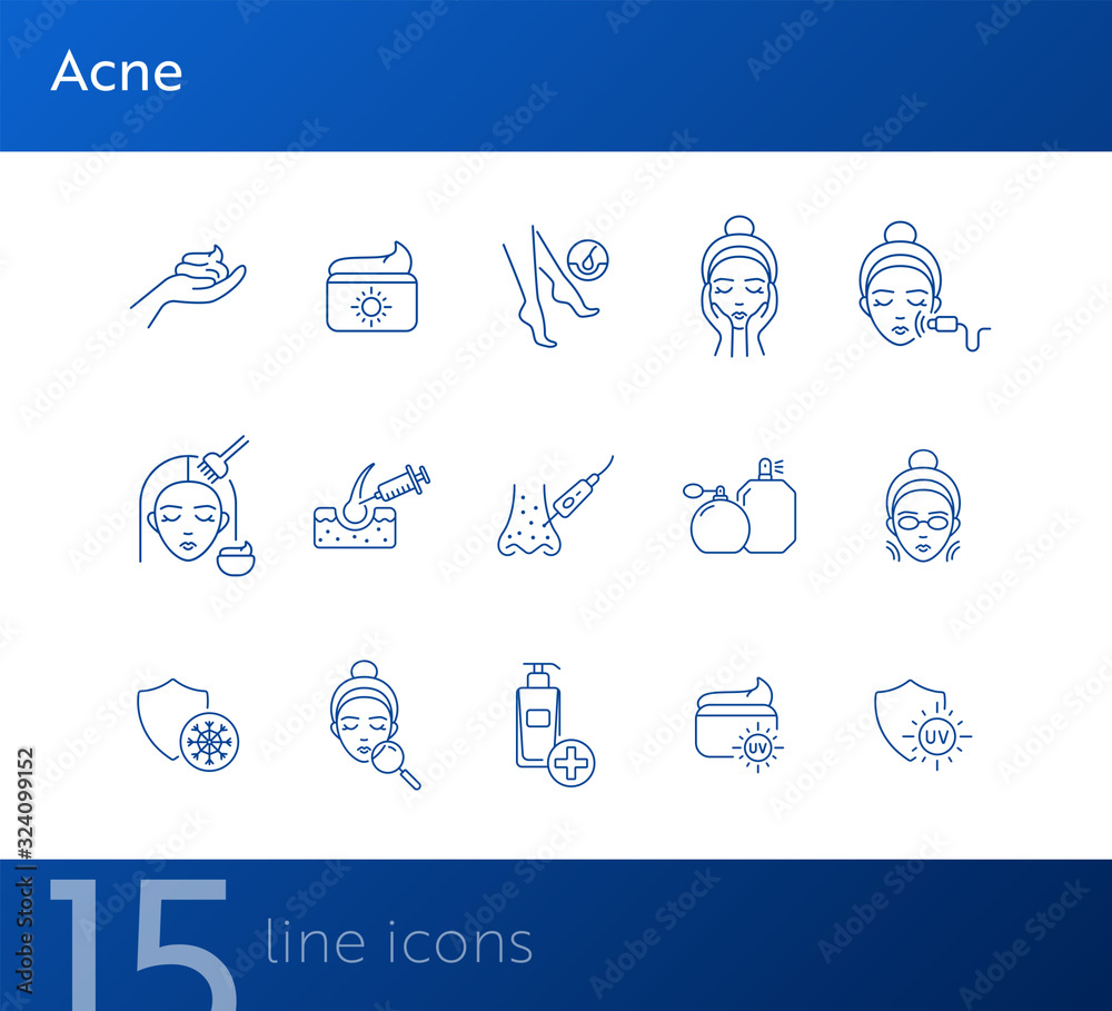 Acne line icon set. Female face, massage, peeling, cream. Skin care ...