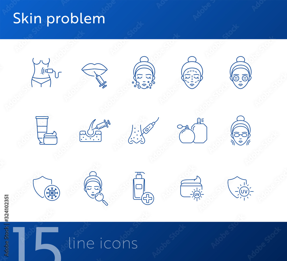 Skin problem line icon set. Woman, face, uv cream, peeling, injection ...