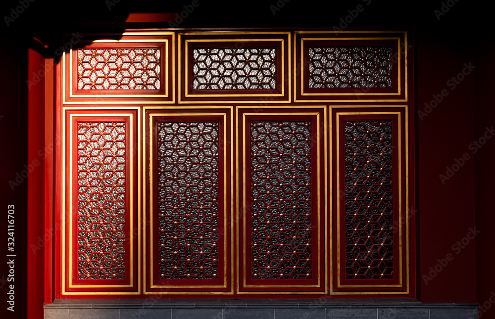 Part of Chinese traditional palace building, resplendent red painted ...