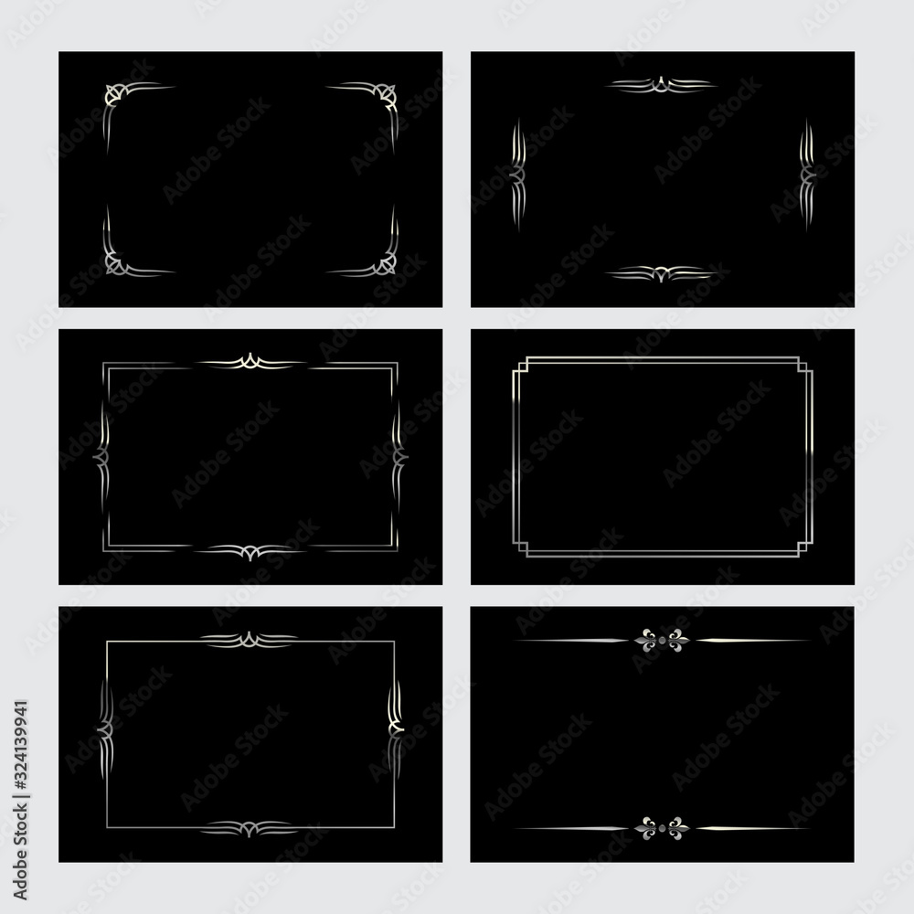 Set of silver vintage borders in silent film style isolated on black ...