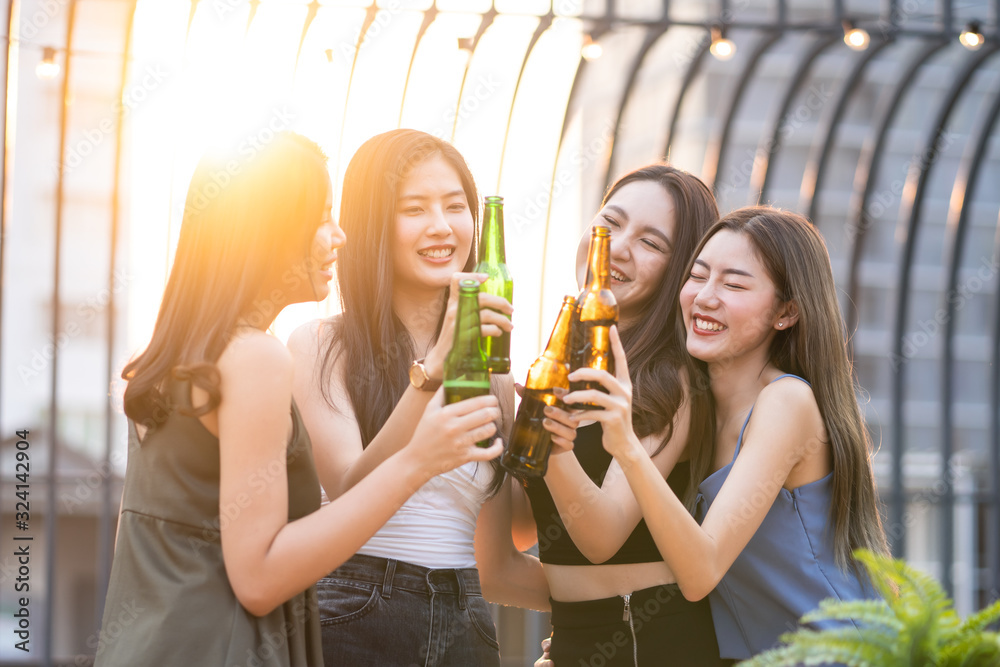 Group of young cute Asian girl gang best friends having party at ...