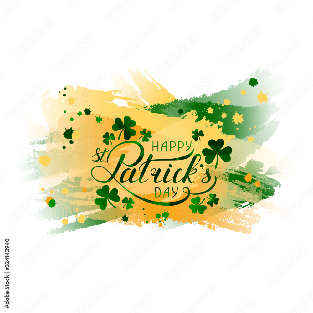 Happy St. Patricks day lettering and shamrocks on green and yellow ...