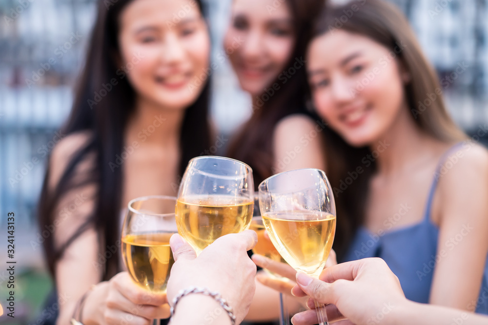 Group of young cute Asian girl gang best friends having party at ...