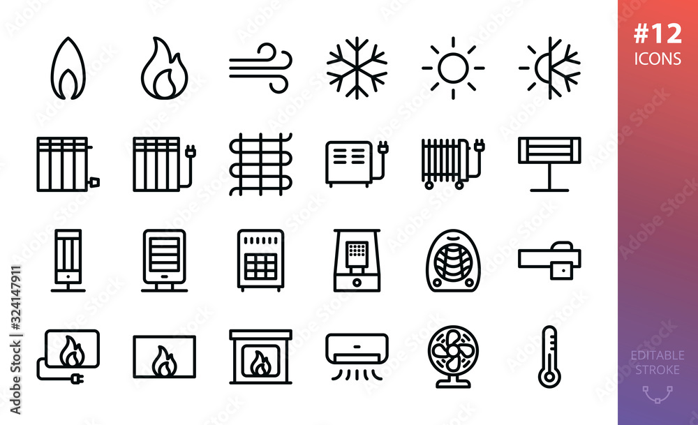 Heating and cooling icons set. Set of heaters, gas and fire flame, air ...