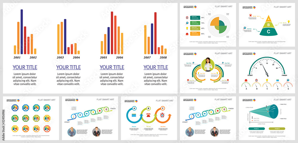 Colorful infocharts layout set for work process template, monthly ...