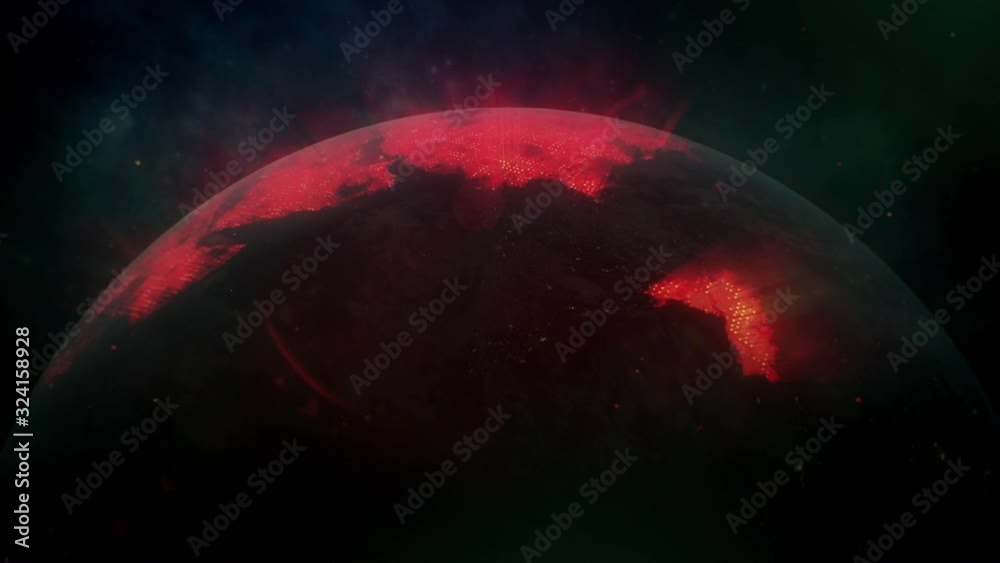 a shot for earth from space, being covered with red plague, continents ...